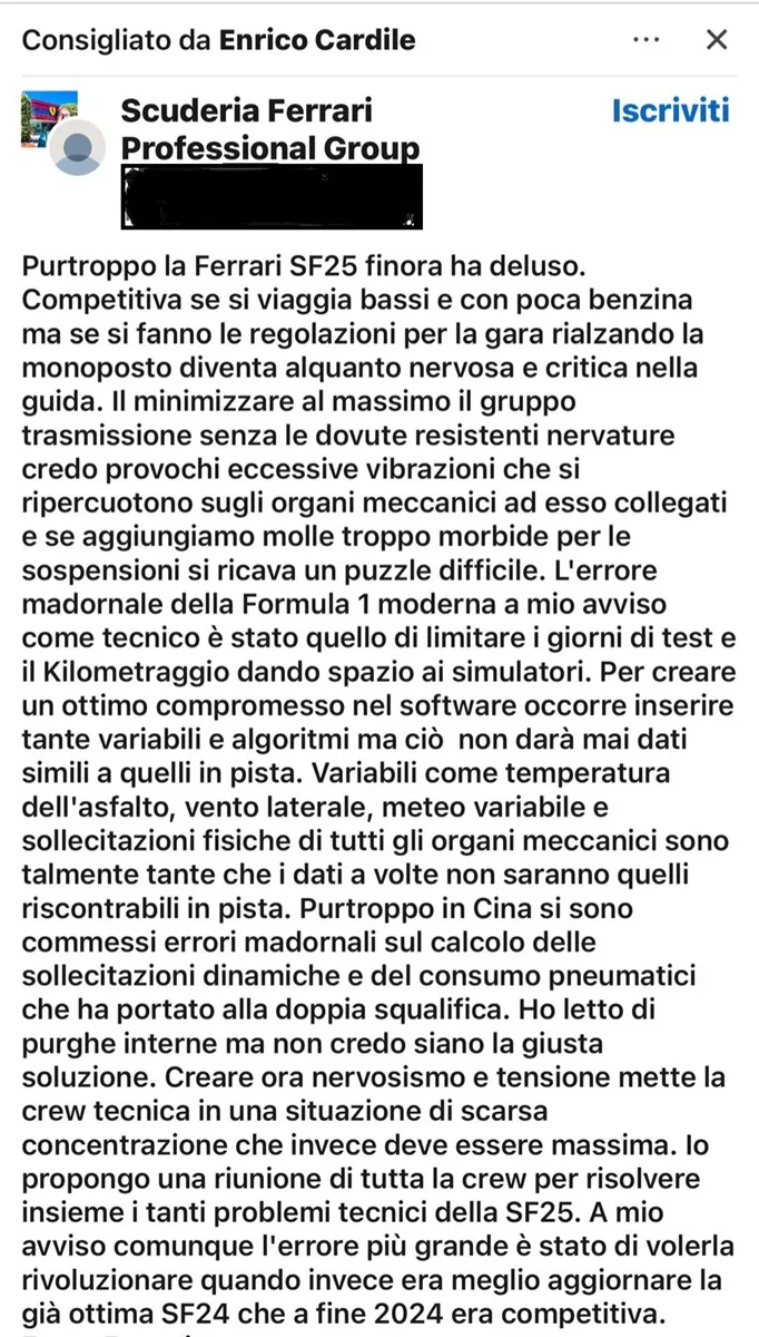 Indizio social conferma tensioni tra Enrico Cardile e Ferrari